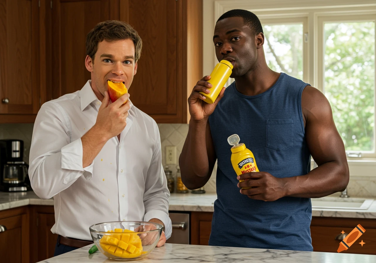 Two men in a kitchen, one eating a mango and the other drinking from a ...