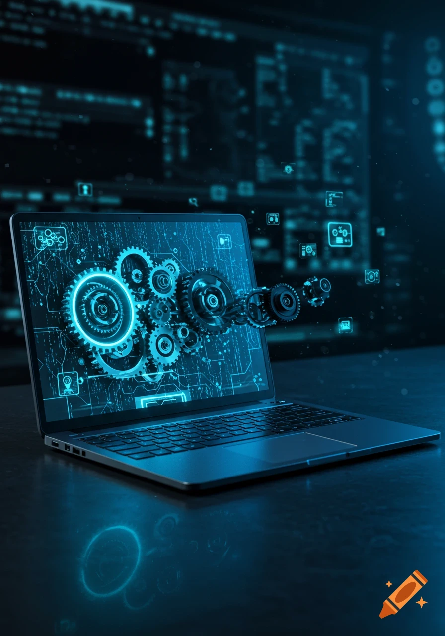 A laptop with glowing blue gears and circuit patterns emerging from its ...