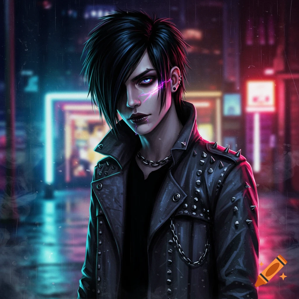 An illustration of a teen in goth attire, with dark hair, piercings, a studded collar, and a ...