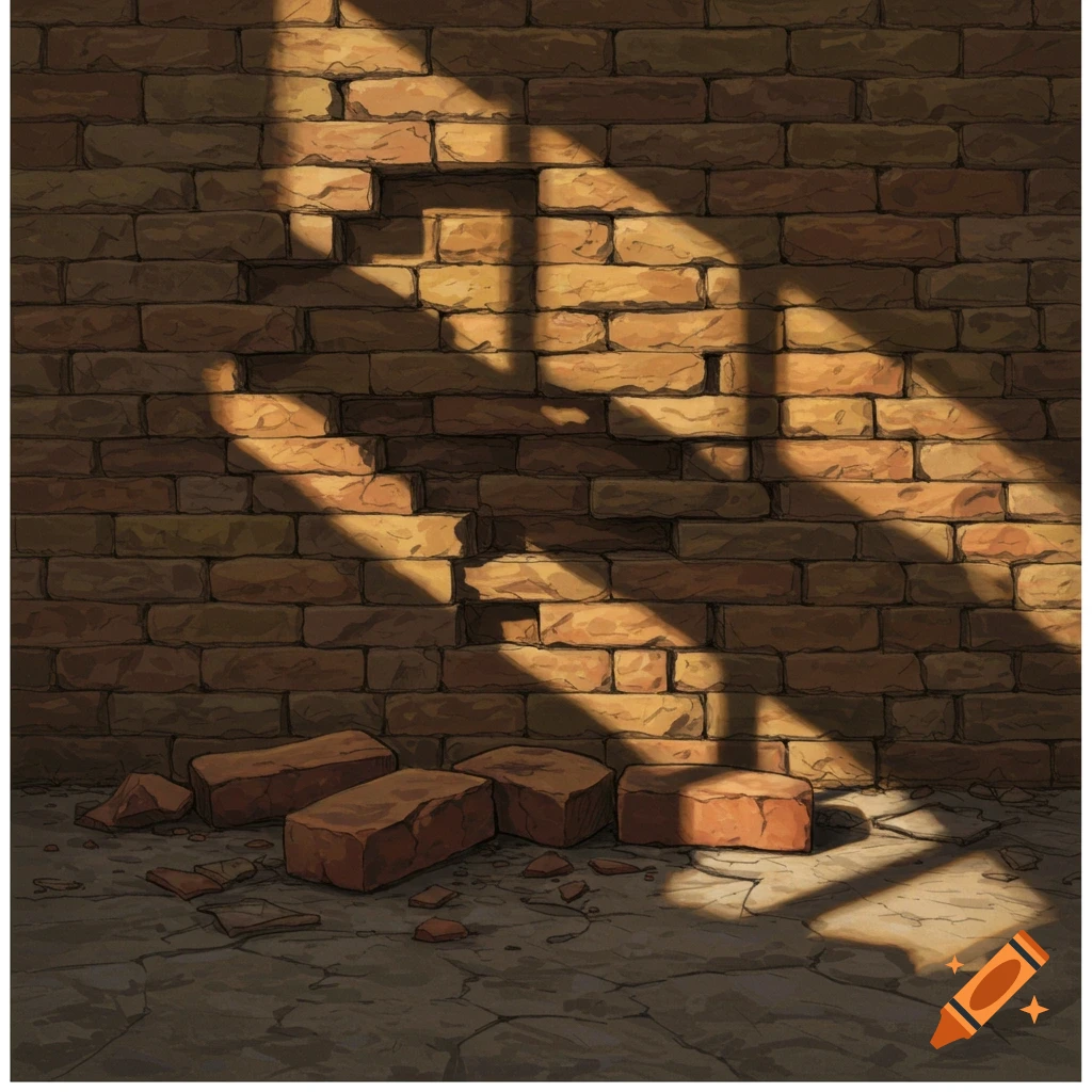 Illustrated brick wall with sunlight casting shadows on broken bricks ...
