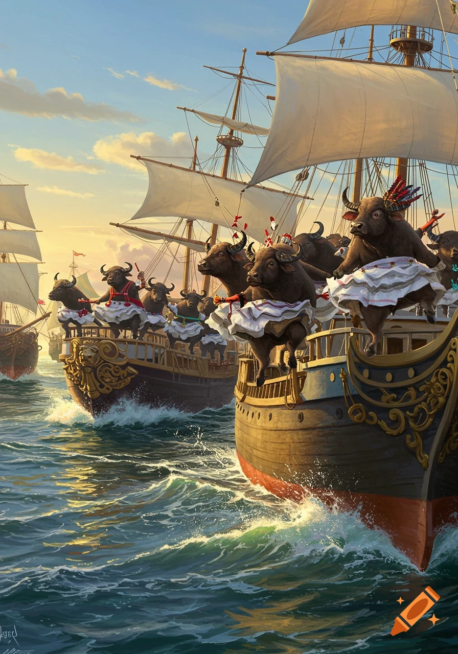 A fleet of sailing ships on a wavy ocean, with anthropomorphic ...