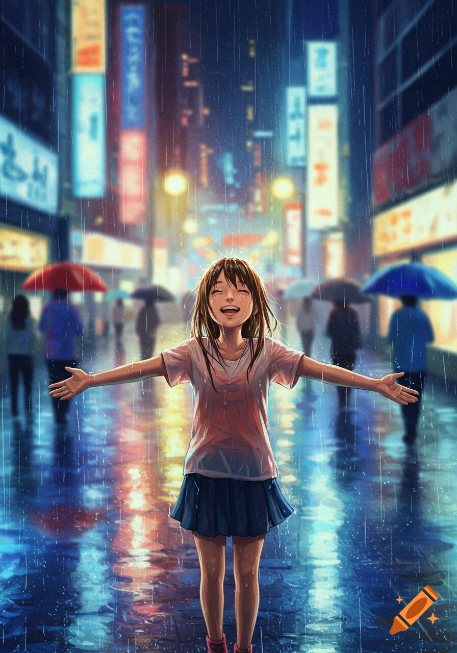 A smiling anime girl stands with arms open in a rainy city street ...