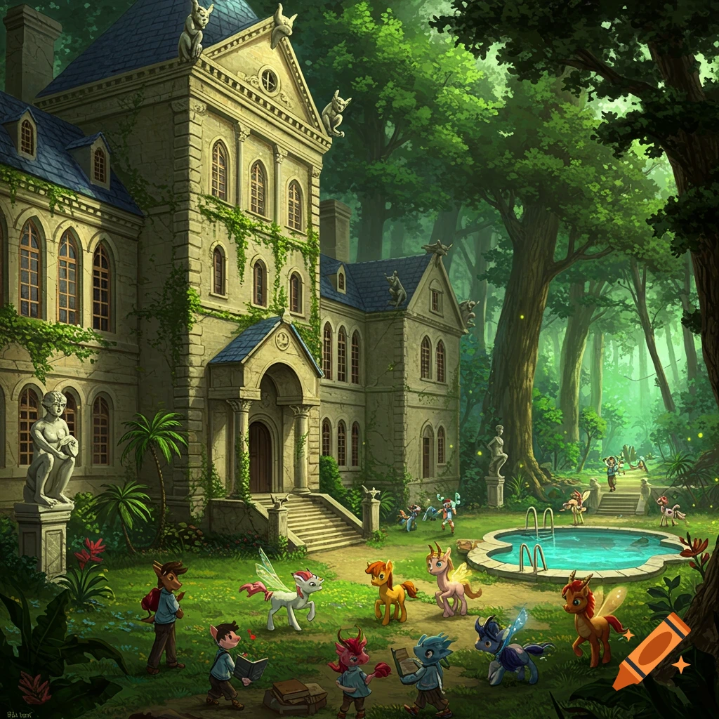 An anime-style fantasy cityscape with grand buildings, spiral stairs ...