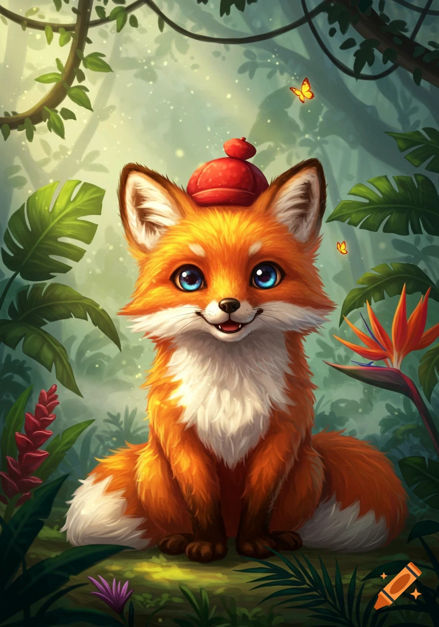A cute red fox in a straw hat stands in a lush green hedge maze with ...
