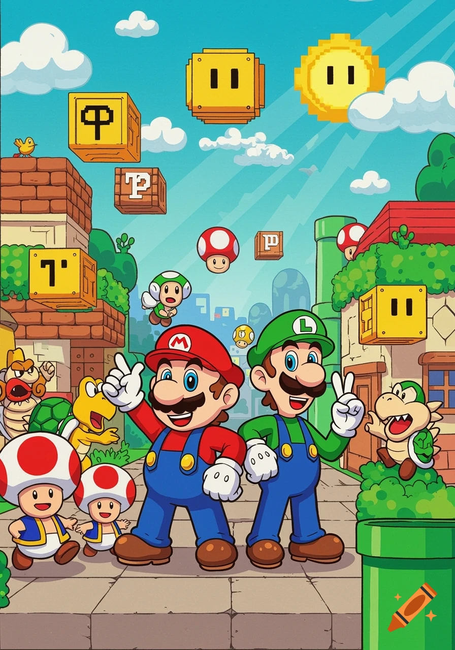 A busy, cartoon-style collage of Super Mario characters and elements ...