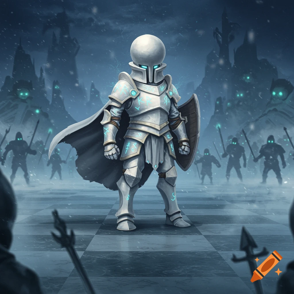 A knight in shining armor with a red cape holds two flaming torches ...