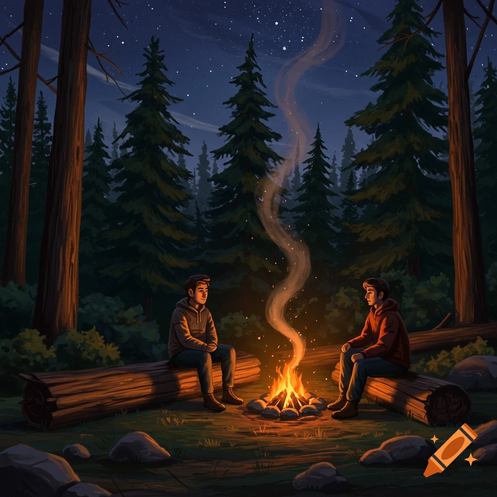 A group of young adults sit around a glowing campfire in a dark forest ...