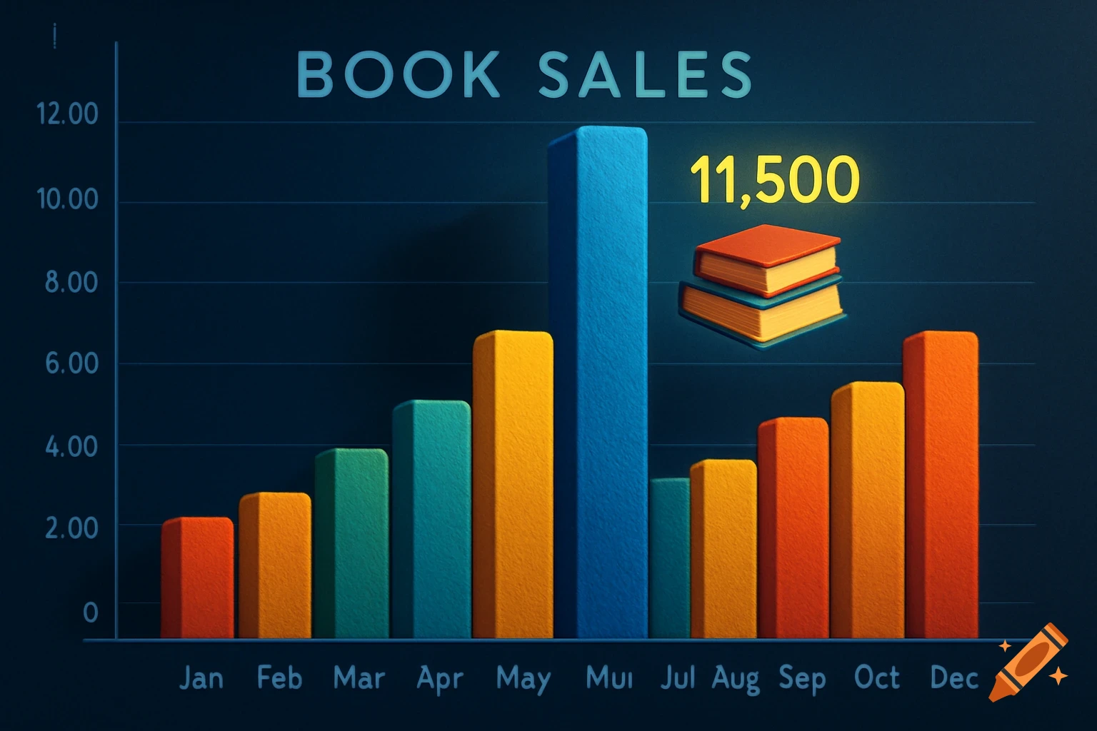 A stylized 3D bar graph titled "BOOK SALES" showing monthly sales from ...