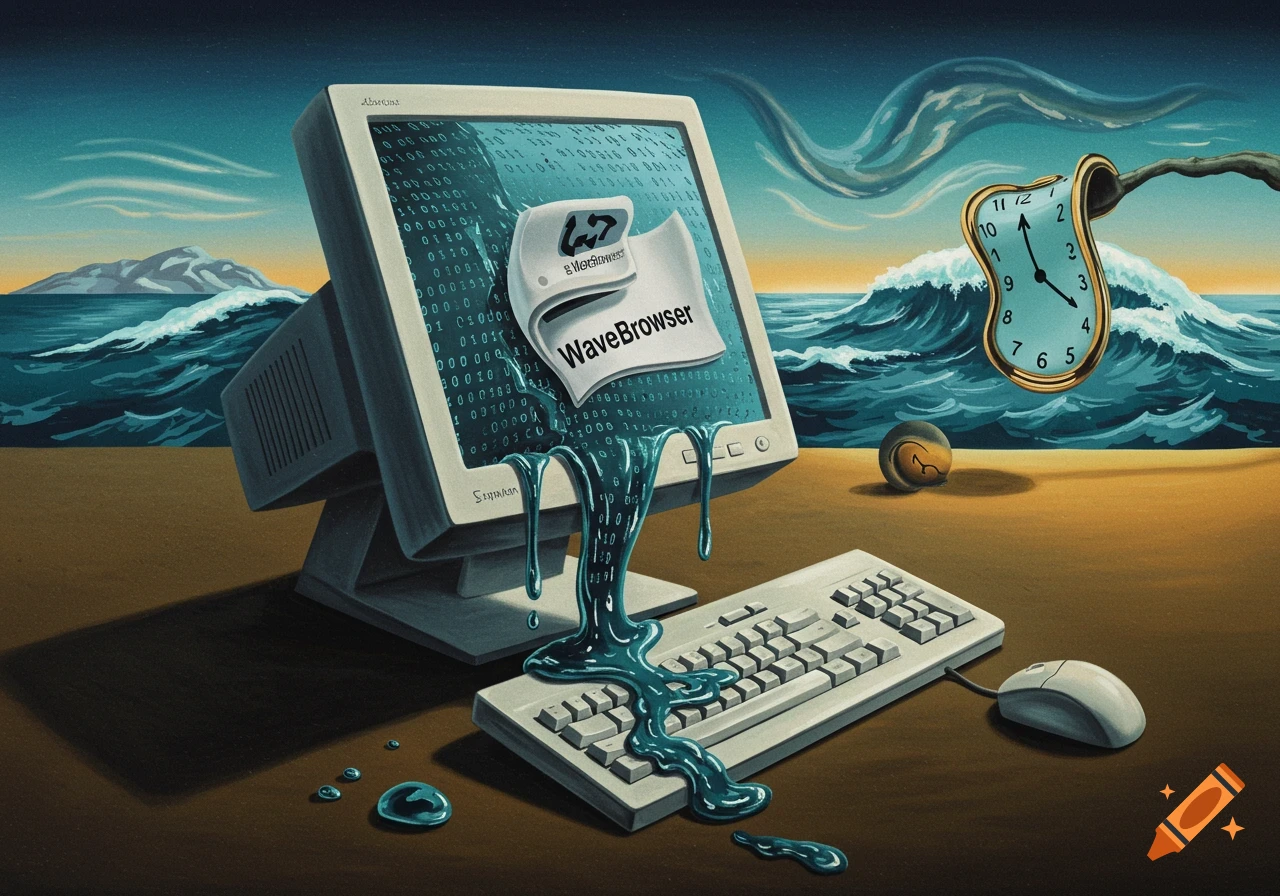 A gaunt person stares blankly at an old computer, next to a red sign ...