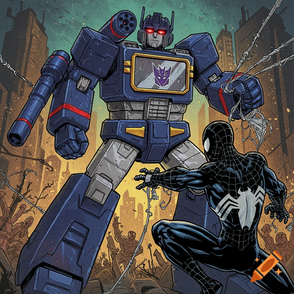 Soundwave battles Black Symbiote Spider-Man in a gritty comic book city ...