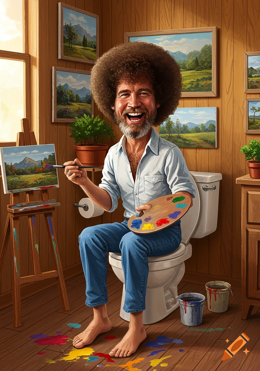 Cartoon of Bob Ross sitting on a toilet, painting a landscape. The ...