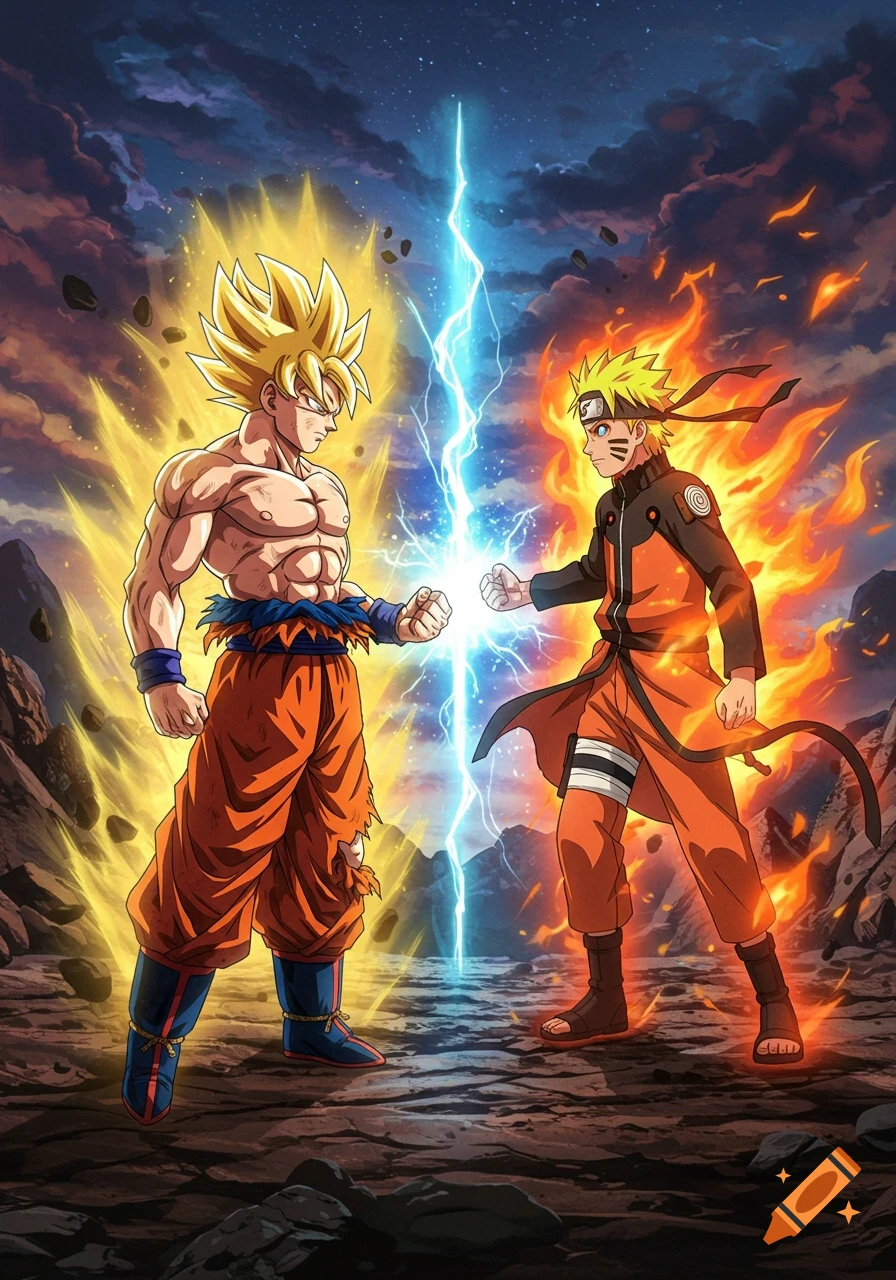 Goku from Dragon Ball and Naruto from Naruto facing off with energy ...