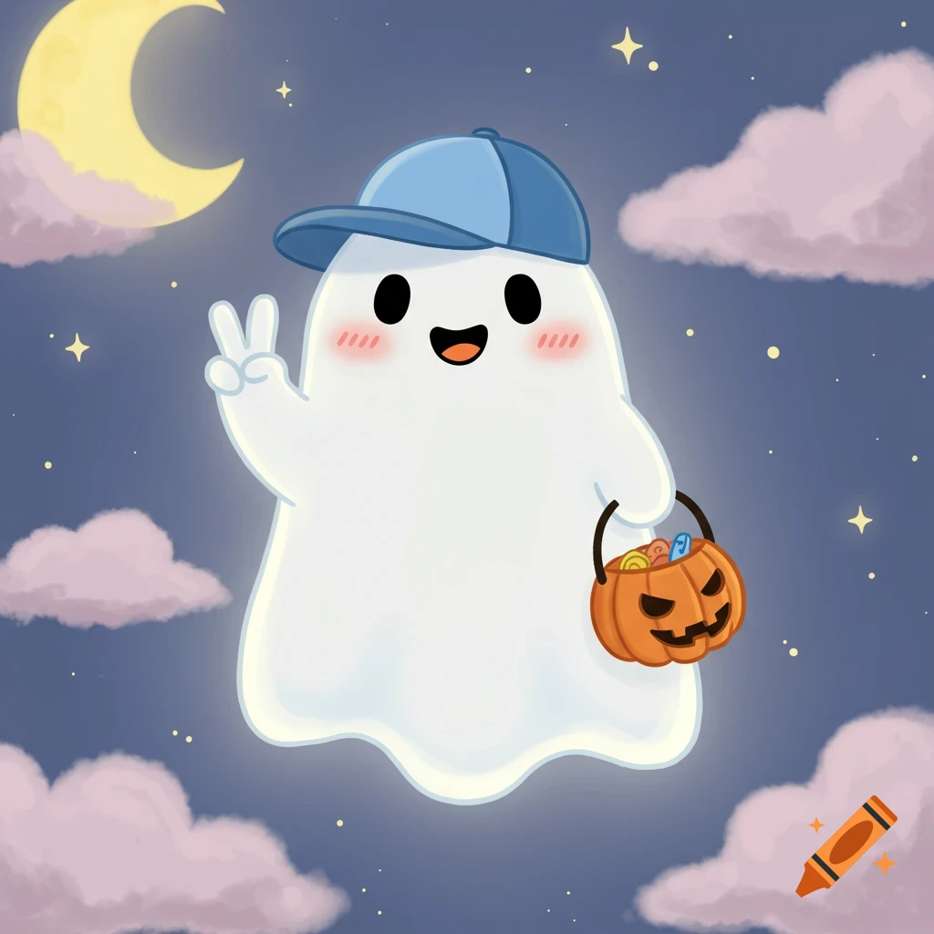 A cute cartoon ghost with a blue baseball cap makes a peace sign while ...