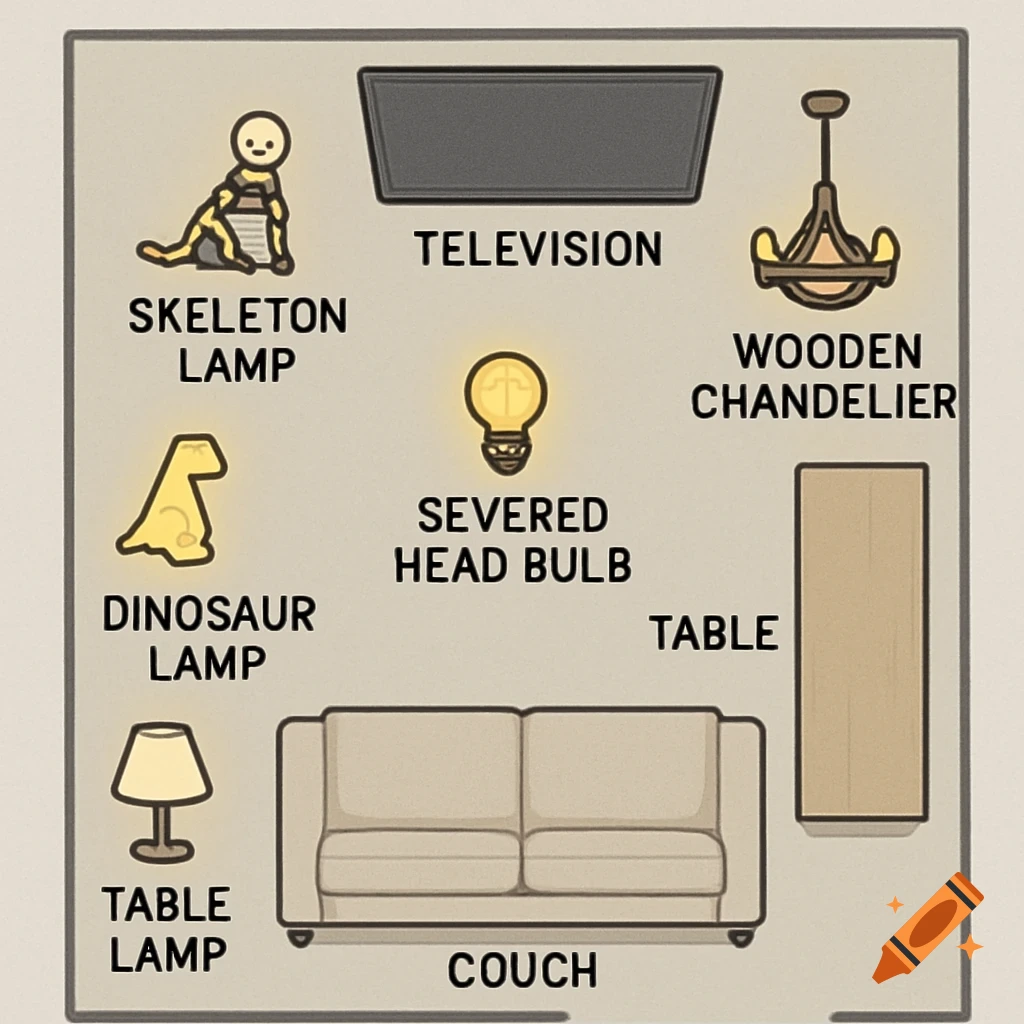 A clean, professional top-down room layout diagram with labeled ...