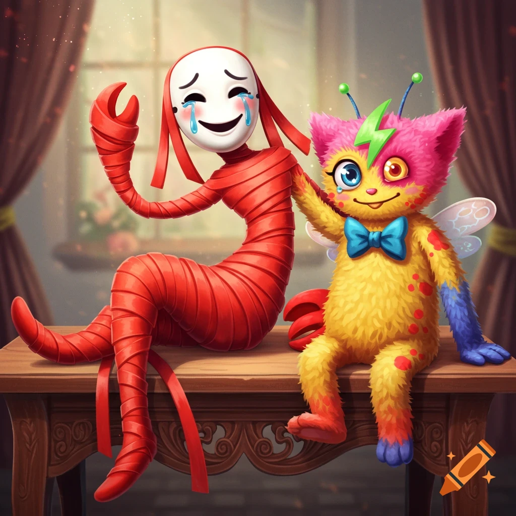 A character made of red ribbons with a white crying mask sits on a ...