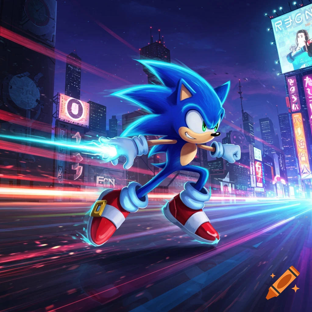 Sonic the Hedgehog speeds through a neon-lit futuristic city at night ...