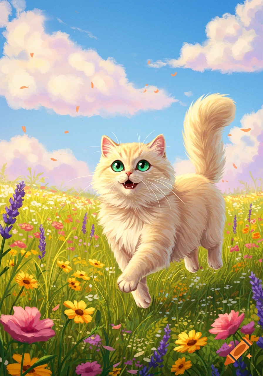 A fluffy, big-eyed cartoon cat with blue eyes sits on a stone wall in a ...