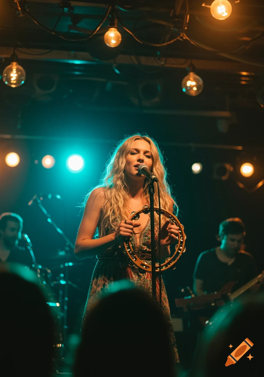 Blonde female singer on a moodily-lit stage holding a tambourine during ...