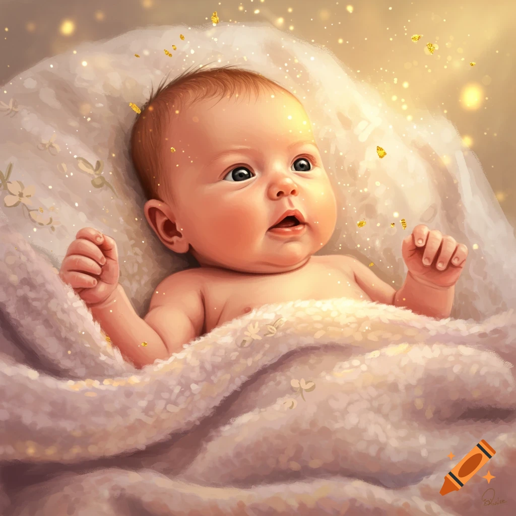 A baby in a gray snowsuit kneels in a snowy forest, looking up at a ...