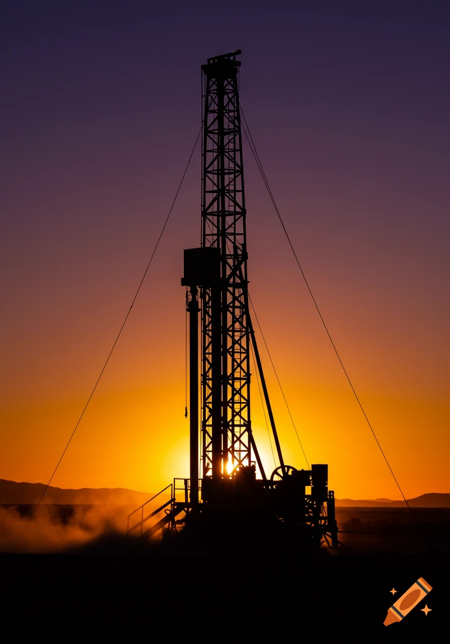 Silhouette of a water well drilling rig against a vibrant orange and ...