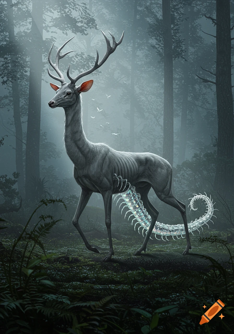 A grey, thin deer-like creature with large antlers and an exposed, glowing centipede-like spine ...