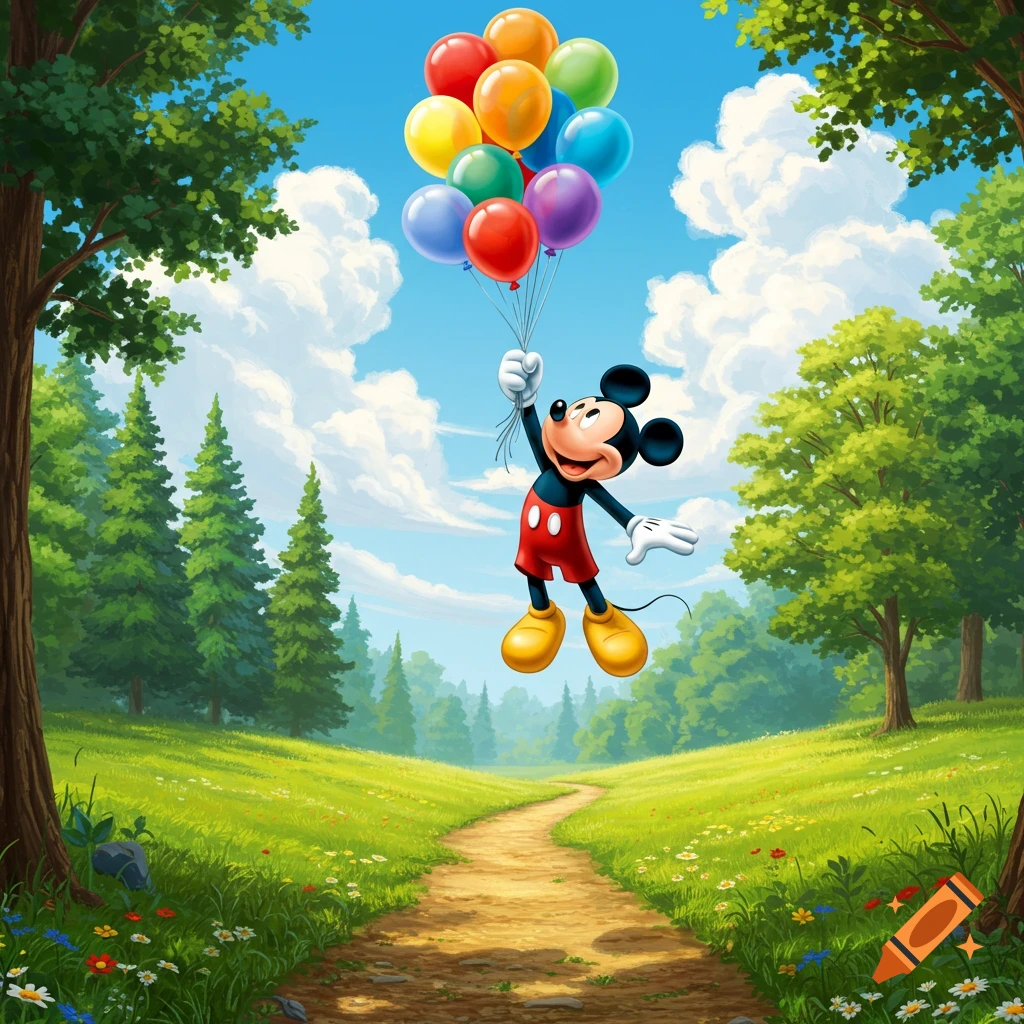 Mickey Mouse floats through a sunny forest path, holding a large bunch ...