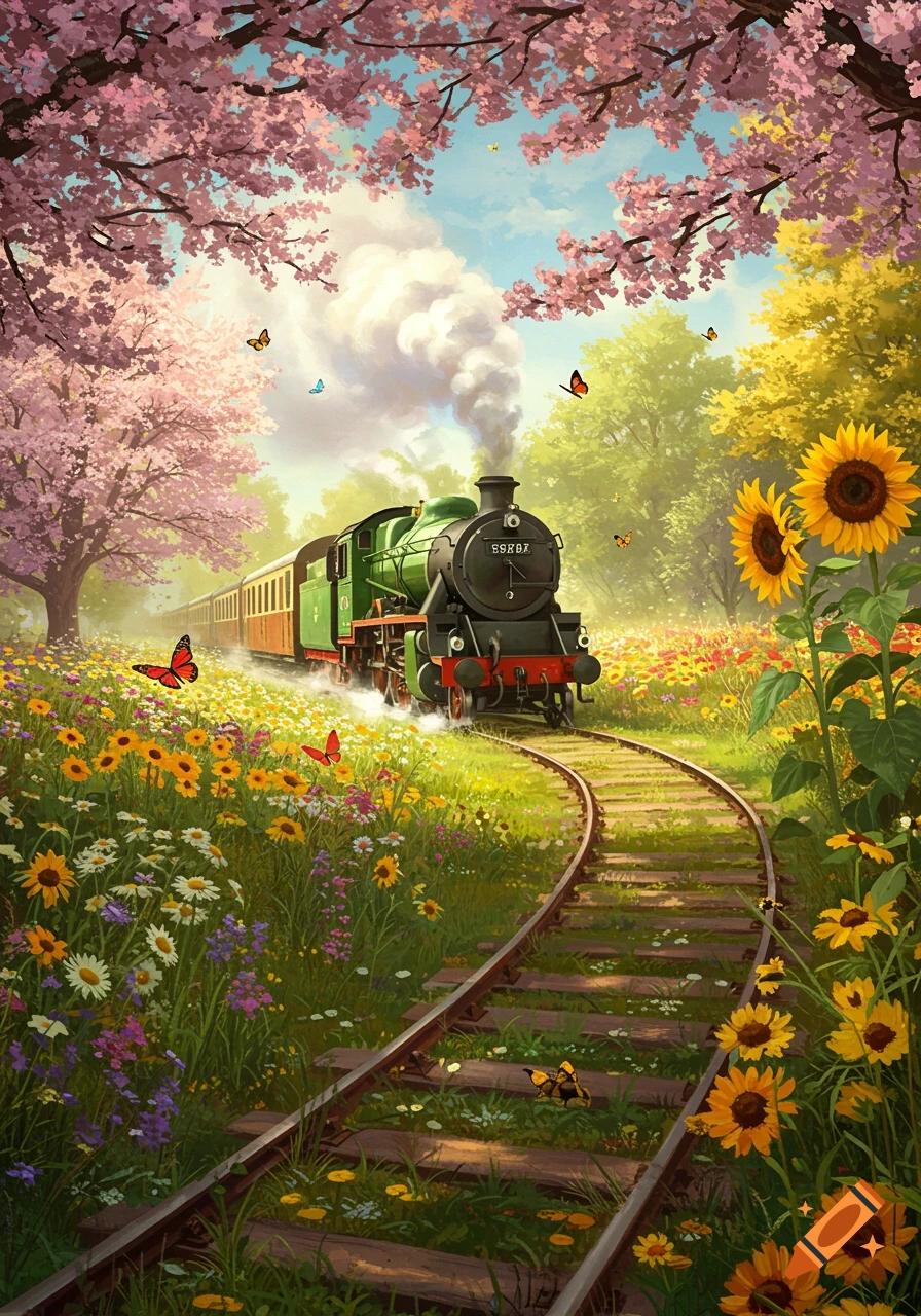 A green steam train travels through a vibrant spring landscape with ...