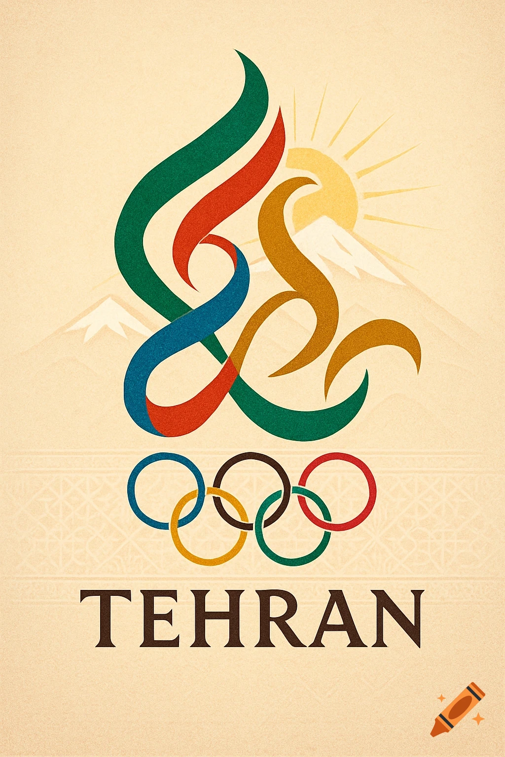 A stylized Olympic logo for Tehran with abstract green, red, blue, and ...