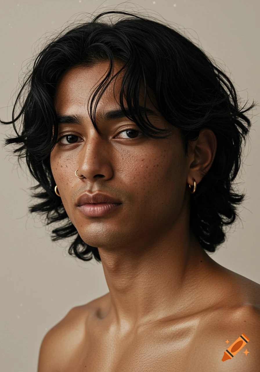 Close-up editorial portrait of a young man with dark, wavy hair, warm ...