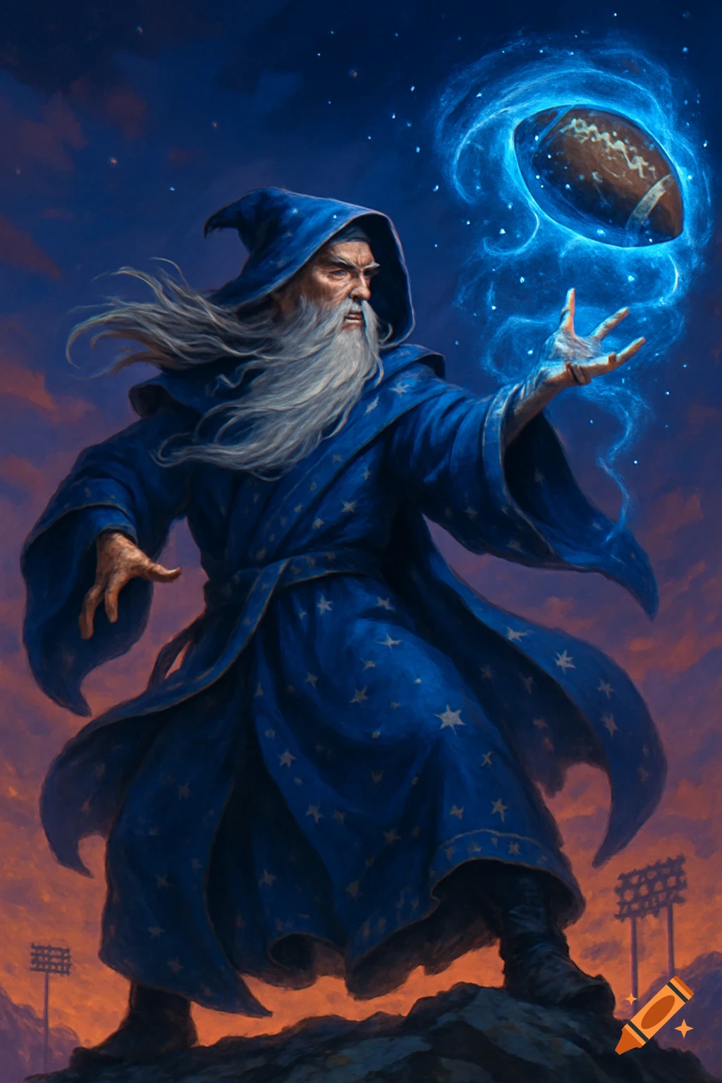 A wizard similar to Gandalf with a long white beard and red robe with a ...