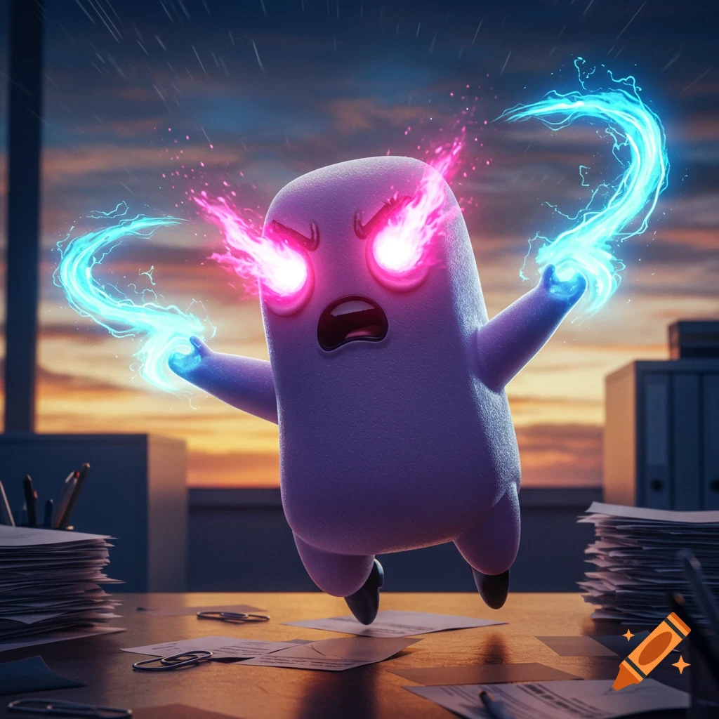 A beige, plump, stylized character stands in a blue room filled with ...