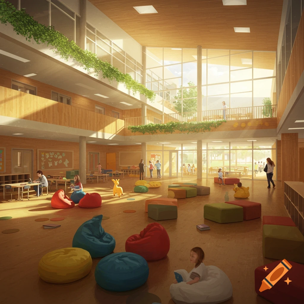 Bright, modern school interior with high ceilings, large windows, and ...