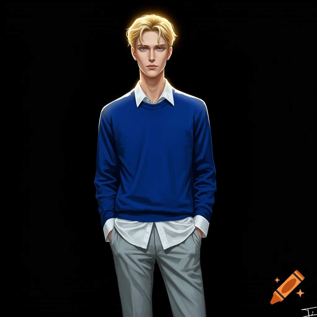 A character reference sheet featuring a young man with blond undercut ...