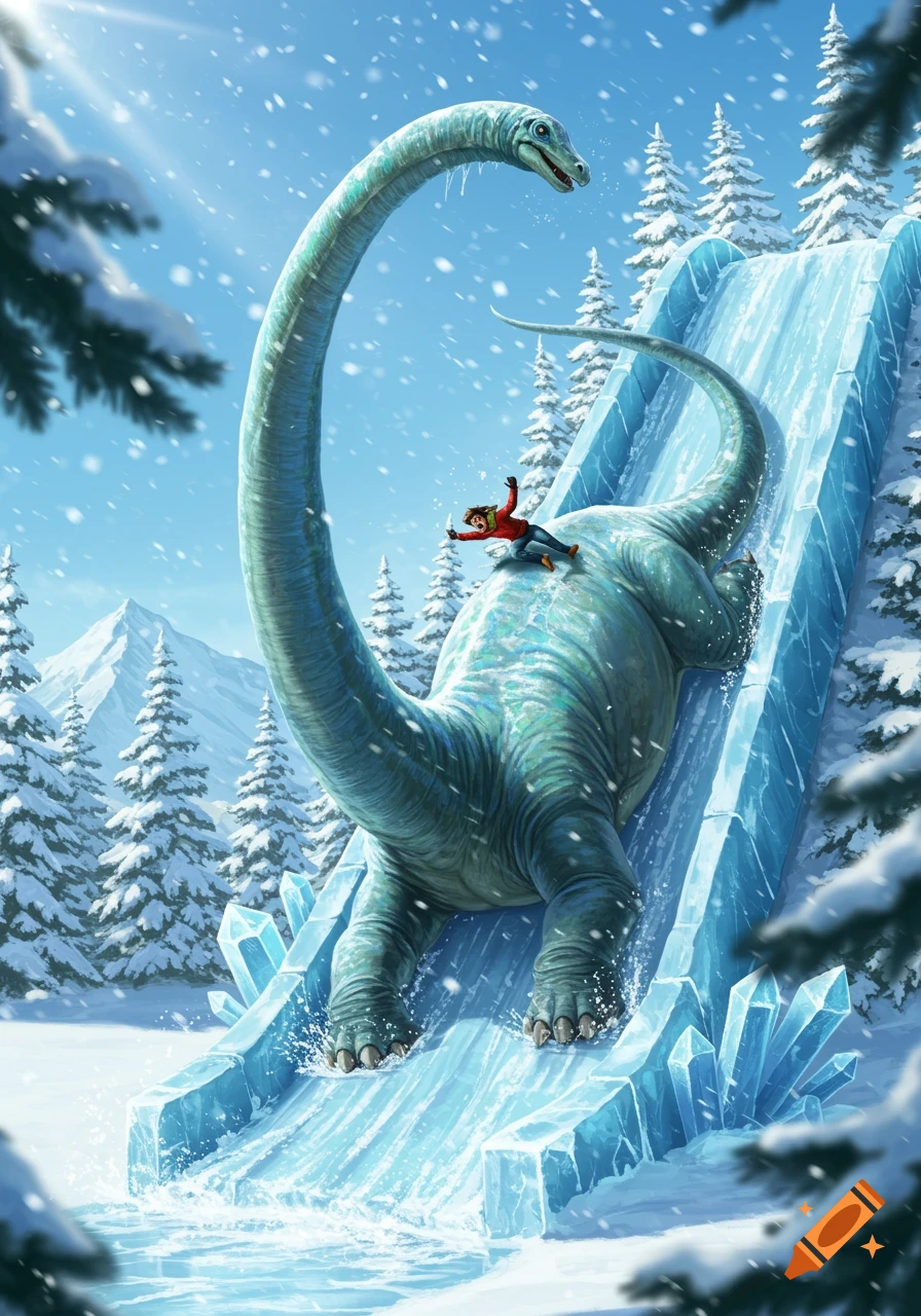 A large green brontosaurus with a small person on its back slides down ...