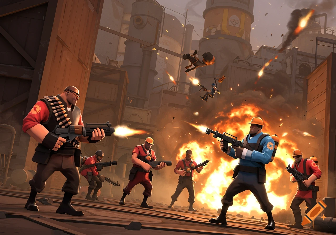 Team Fortress 2 video game characters in a vibrant, stylized movie ...