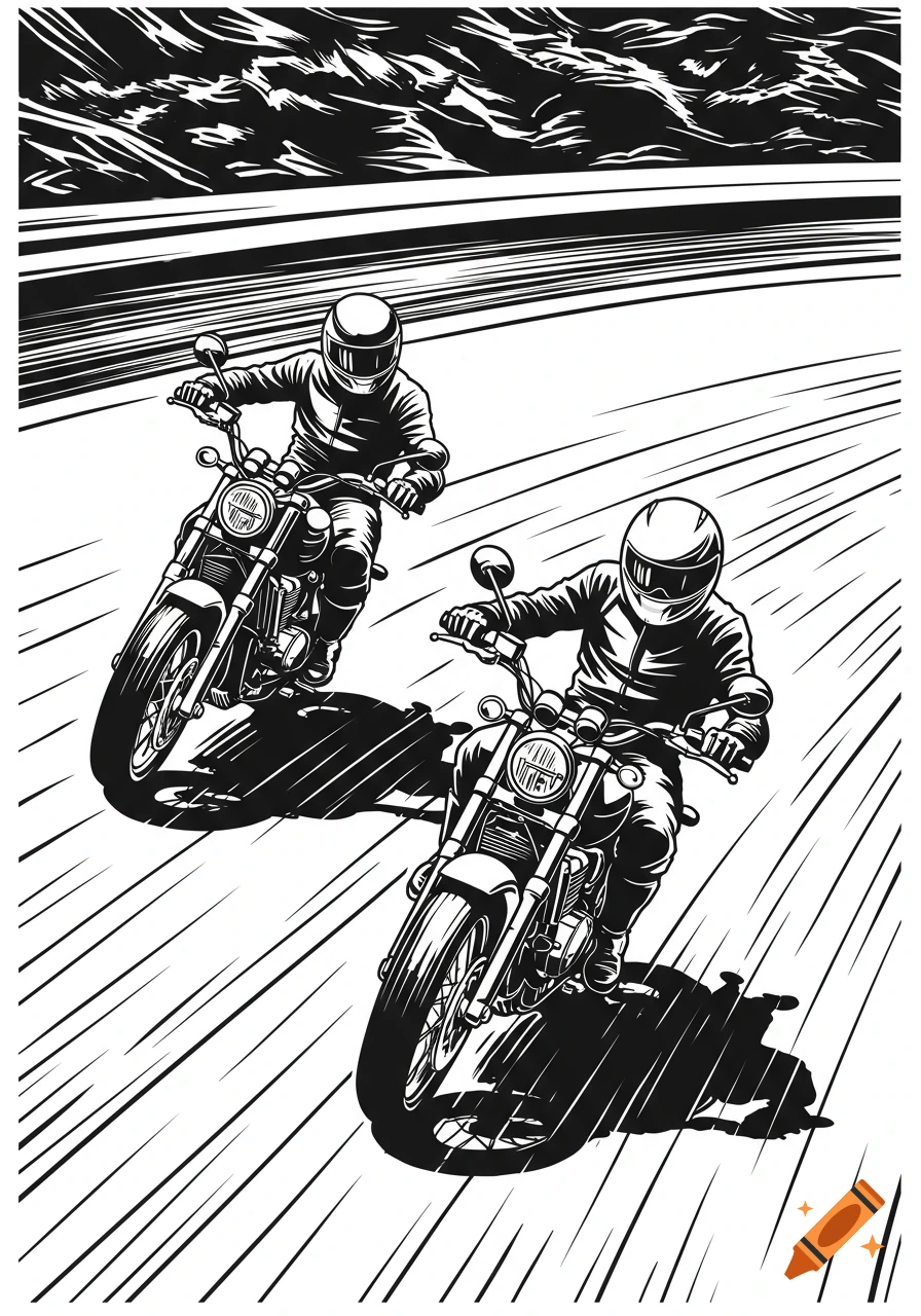 Two motorcyclists ride side-by-side on a curving road in a high ...