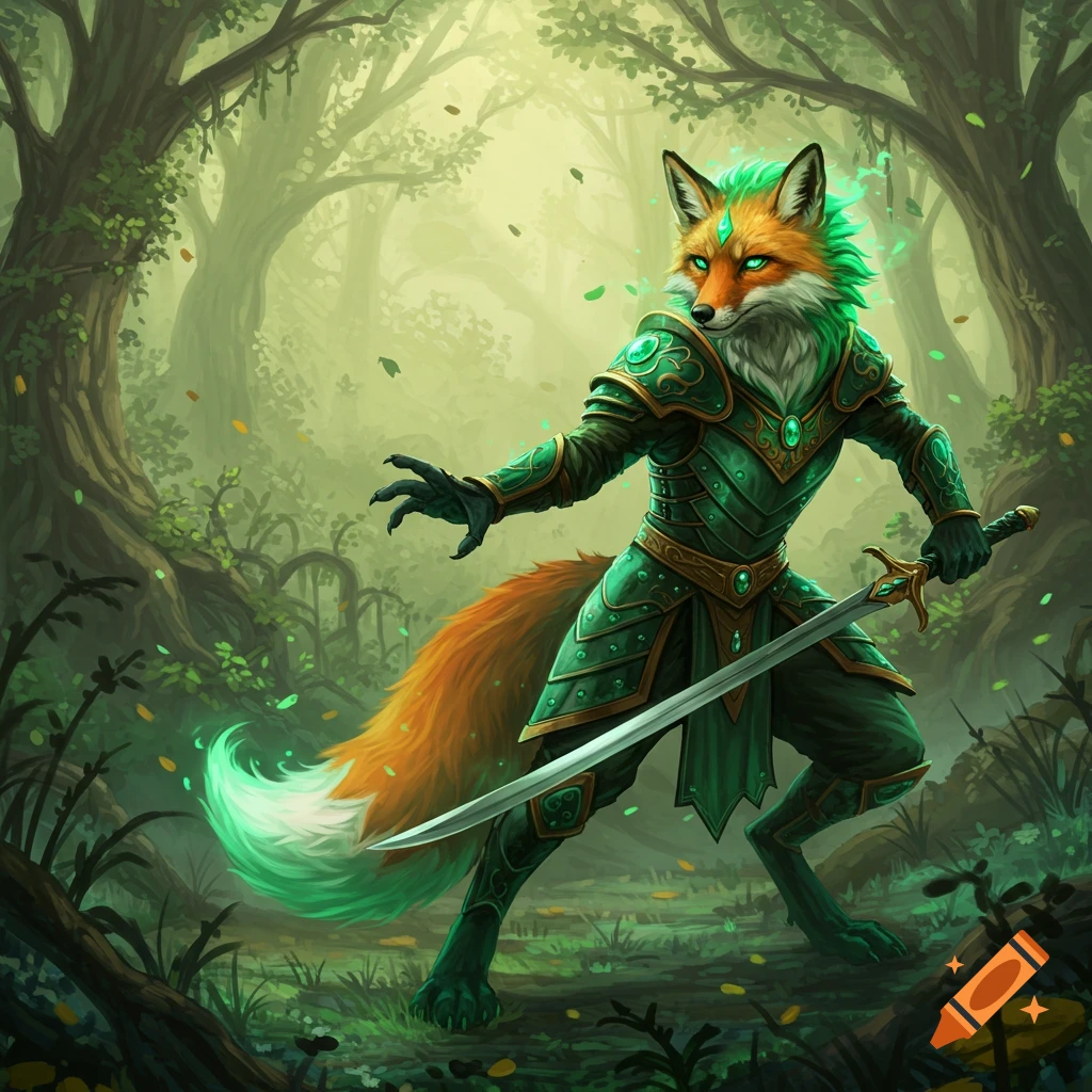 An anthropomorphic fox warrior with glowing green eyes and ornate armor ...