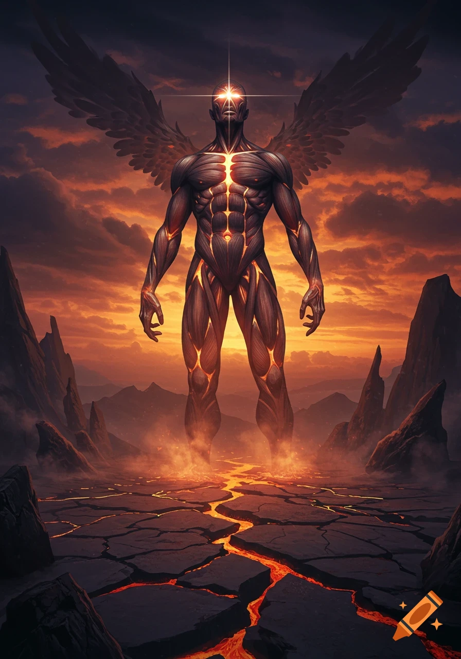 A muscular, skinless human figure stands in a volcanic landscape with ...