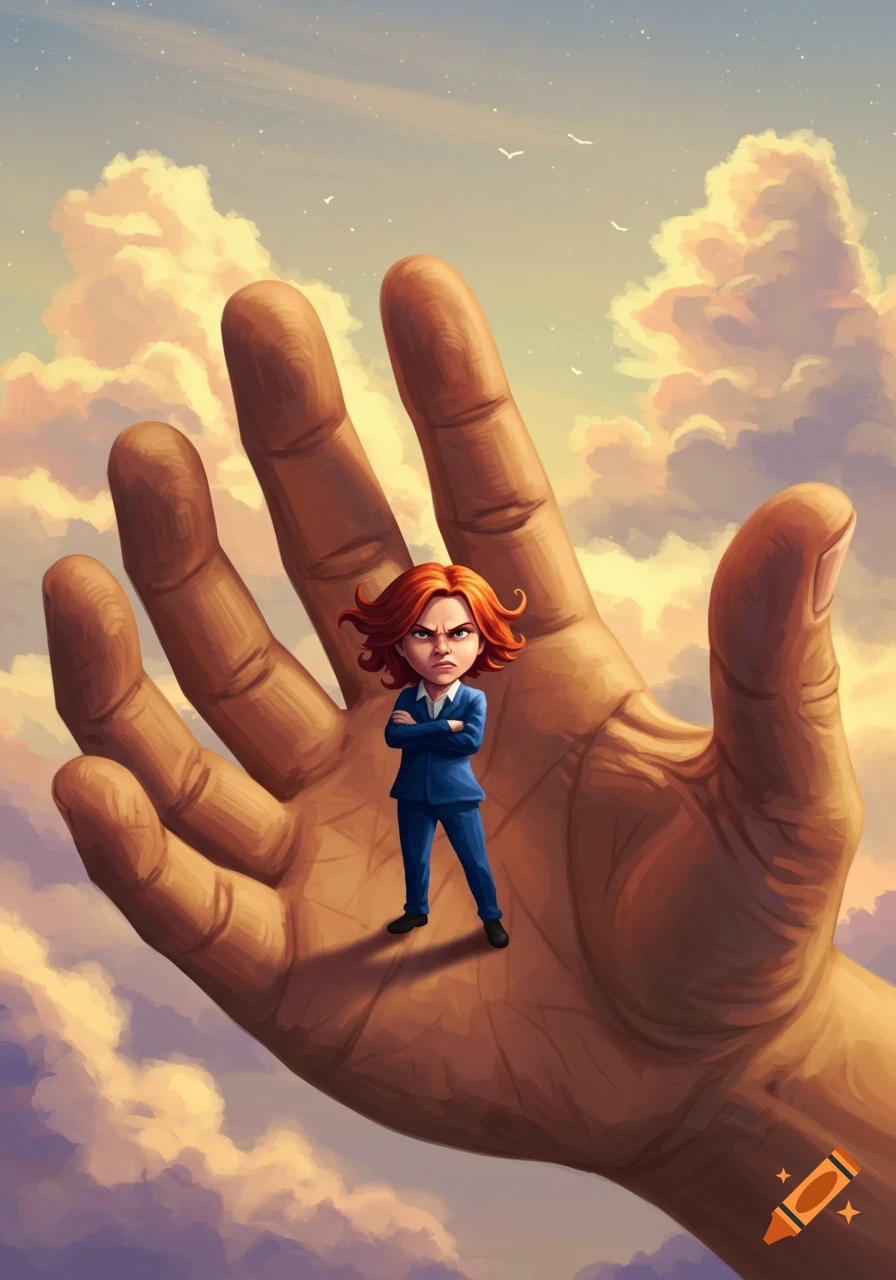 Cartoon illustration of a tiny, angry red-haired woman standing with ...