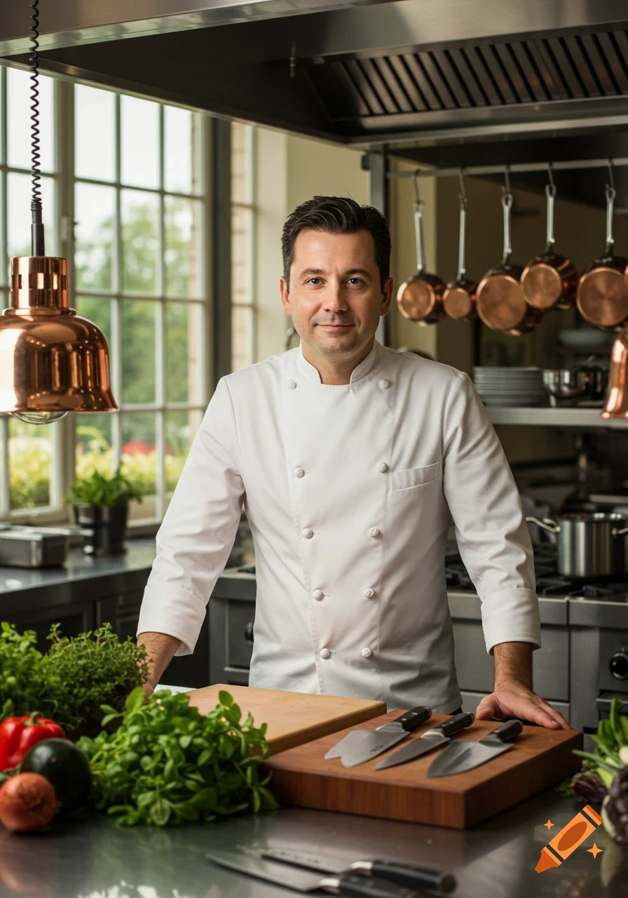 A photorealistic portrait of a male chef in a professional kitchen ...