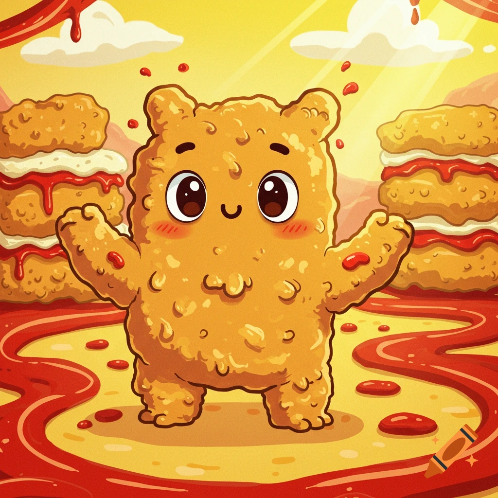A cute, friendly chicken nugget monster with big eyes and a smile stands in a pool of red ...