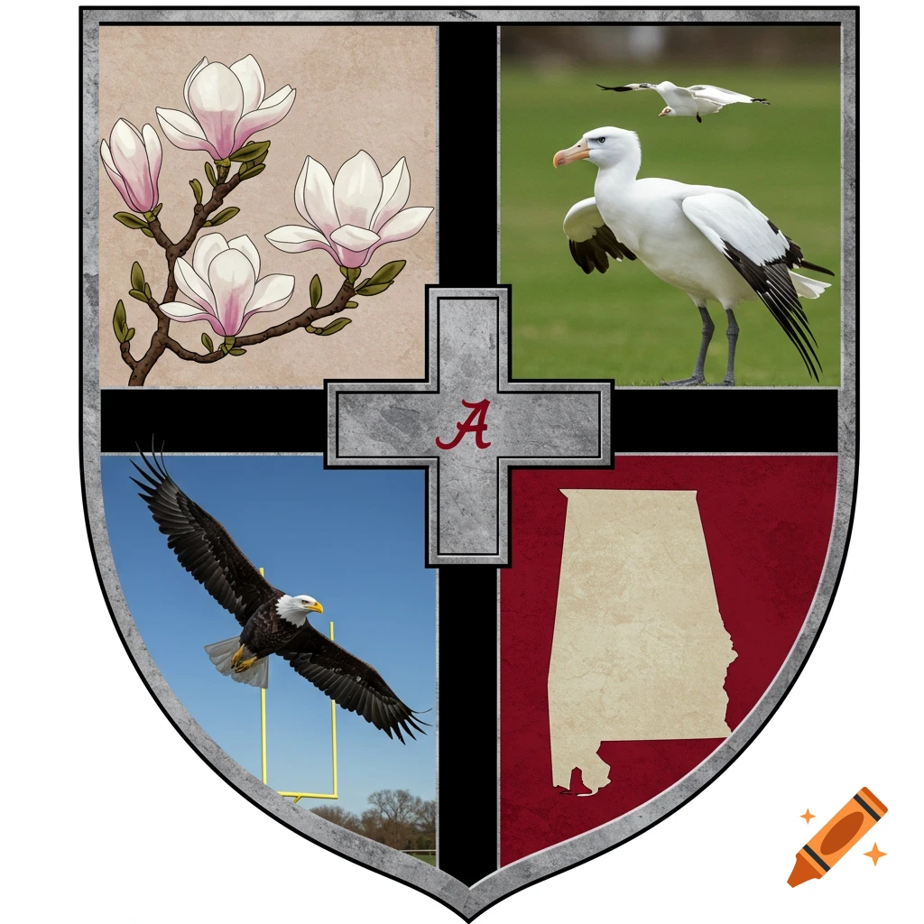 A heraldic shield divided into four quadrants by a central cross with a ...