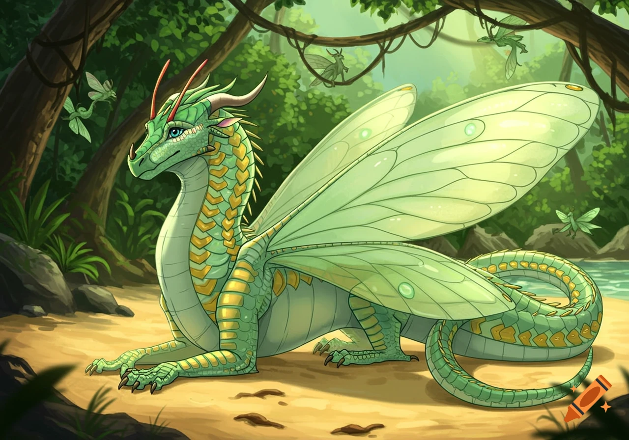 A green SilkWing dragon with pale green butterfly wings and gold ...