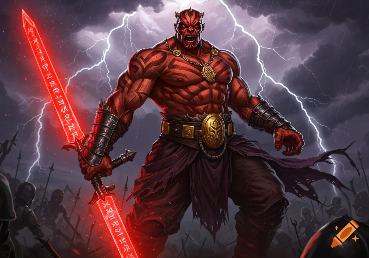 A two-headed, four-armed demonic figure with tribal tattoos stands ...