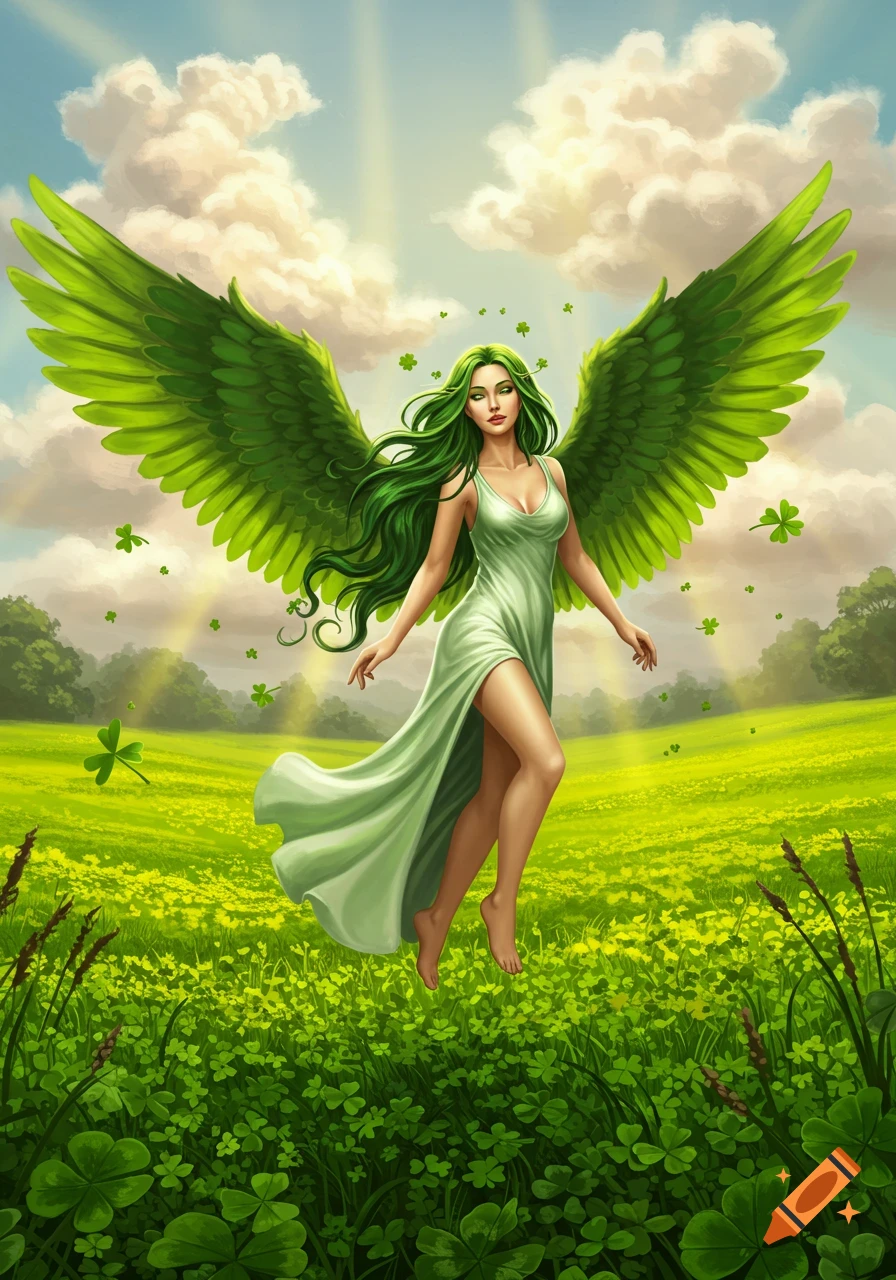 A green-haired angel with large green wings and a flowing light green dress floats above a field ...