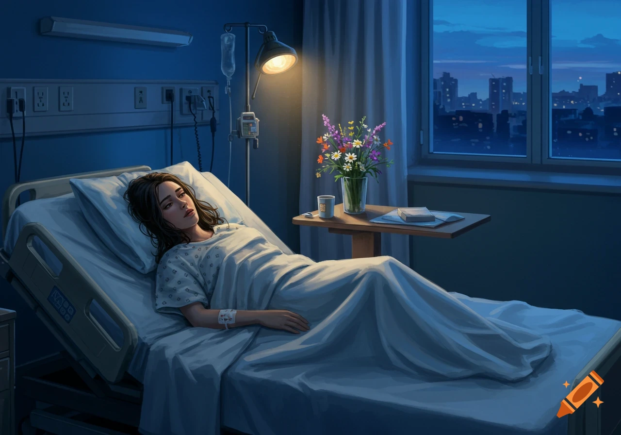 Illustration of three men sleeping in hospital beds at night, with ...