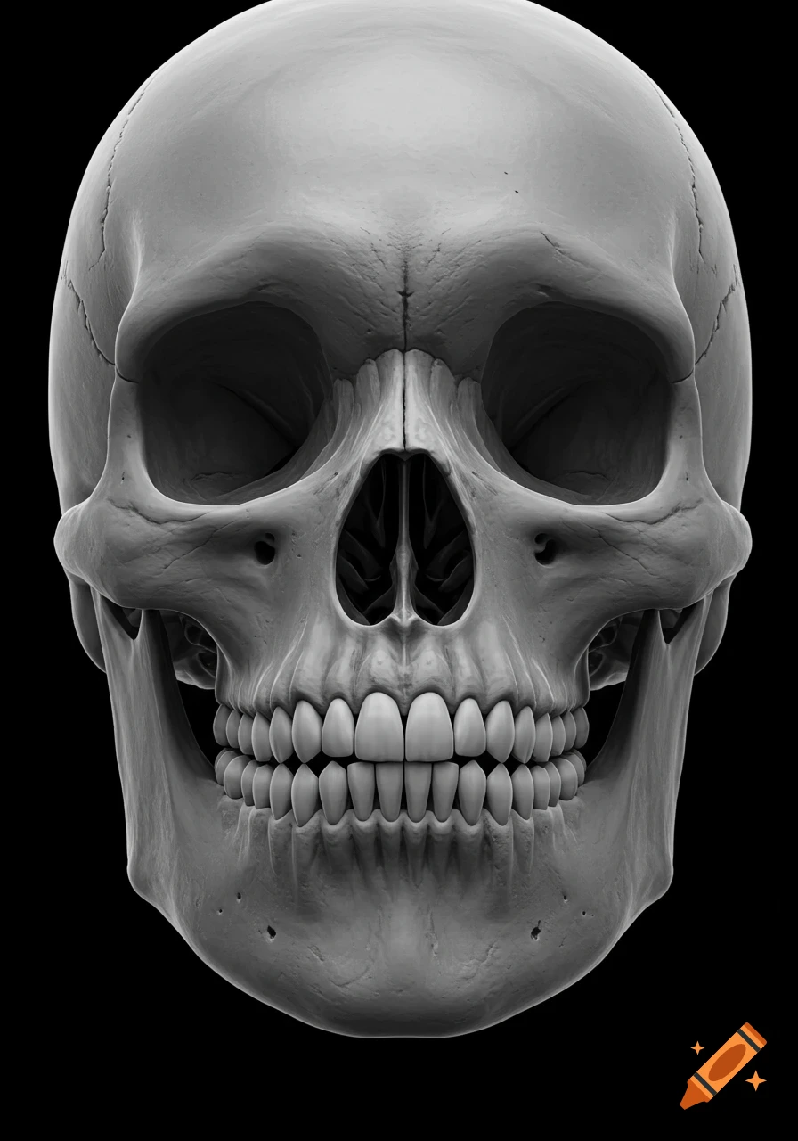 Photorealistic rendering of a human skull centered against a black ...