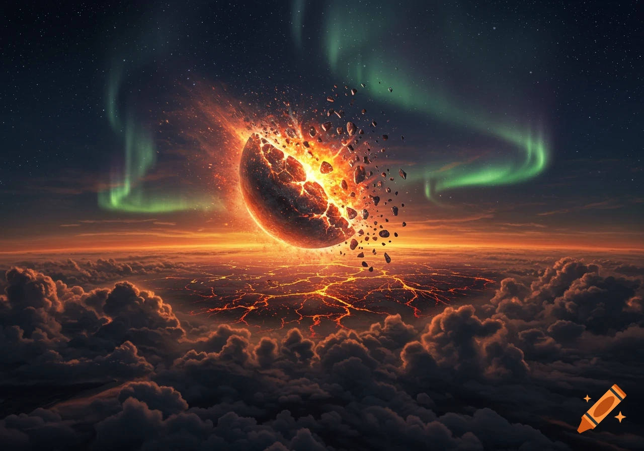 A fiery planet or moon explodes over a cracked, lava-filled landscape ...