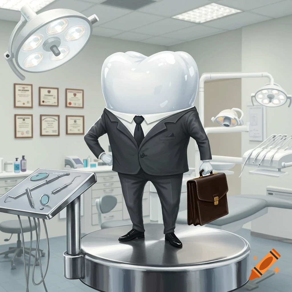 A cartoon tooth wearing a black business suit and holding a brown ...