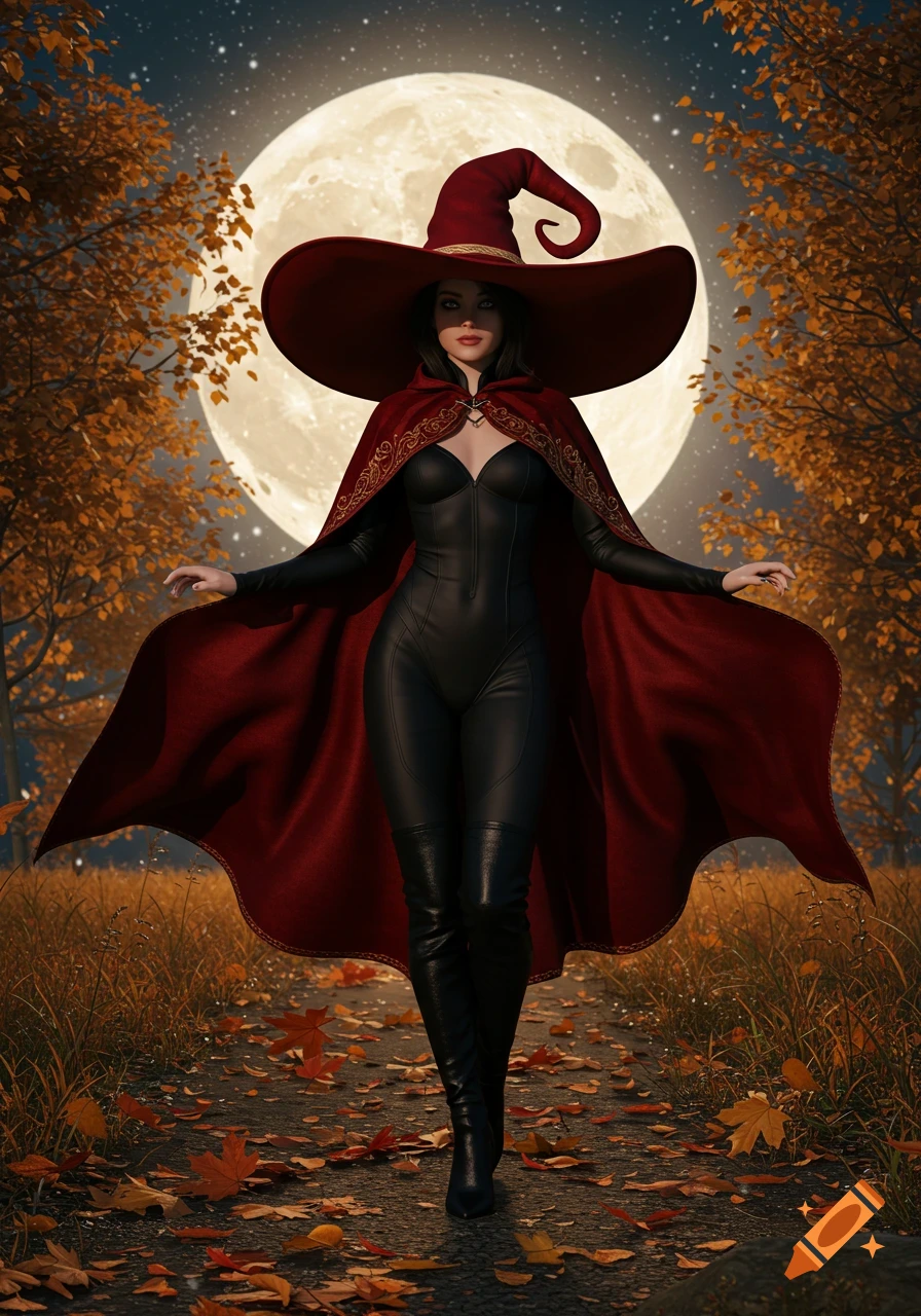 A witch in a wide-brimmed red hat, red cape, and black catsuit walks on ...